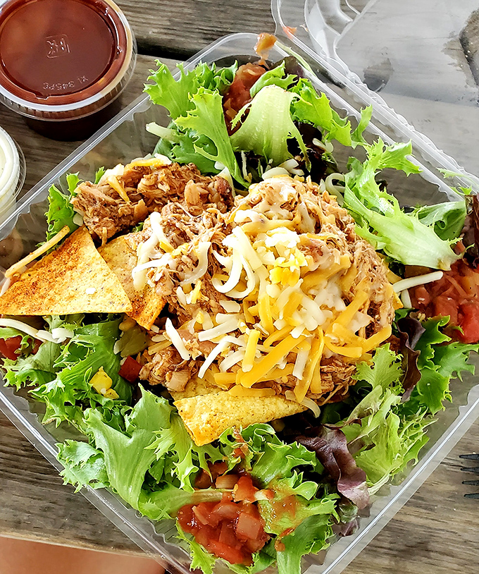 Even the salads at Curt's get the barbecue treatment. Green stuff never had it so good with pulled pork as its companion.