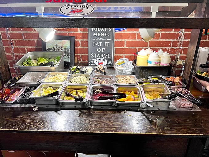 The salad bar sign might as well read "Today's Menu: Eat It Or Starve"—a refreshingly honest approach to dining options.