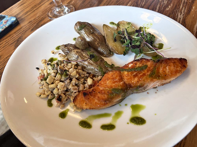 Salmon that's achieved that elusive perfect sear&mdash;like getting a suntan without the burn, accompanied by nature's confetti of vegetables.