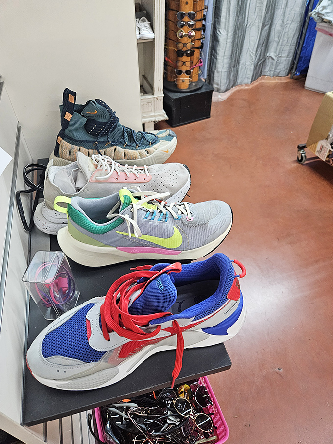 Designer sneakers and everyday kicks line up like hopeful contestants in a beauty pageant, each one priced less than a fancy coffee.