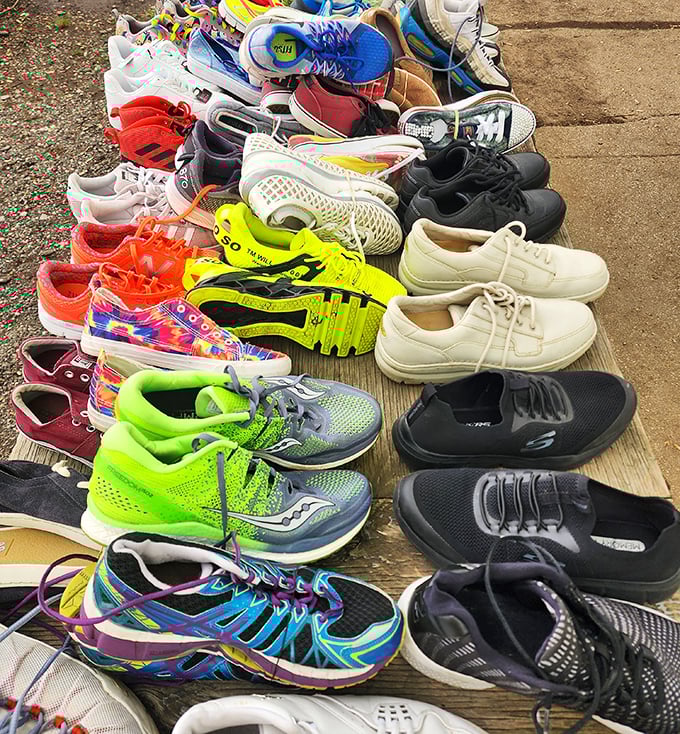 The sneaker rainbow offers everything from neon running shoes to sensible walking partners&mdash;footwear with previous lives and future adventures.