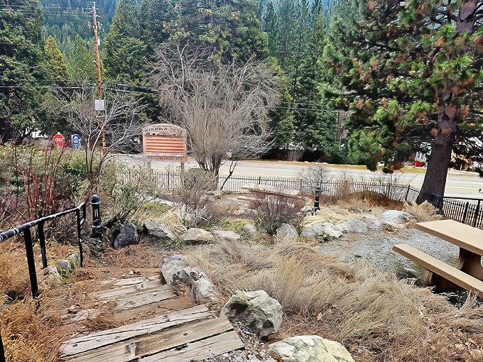 Nature reclaims what humans build in Sierra City, where even the visitor's center blends into the landscape like it grew there naturally.