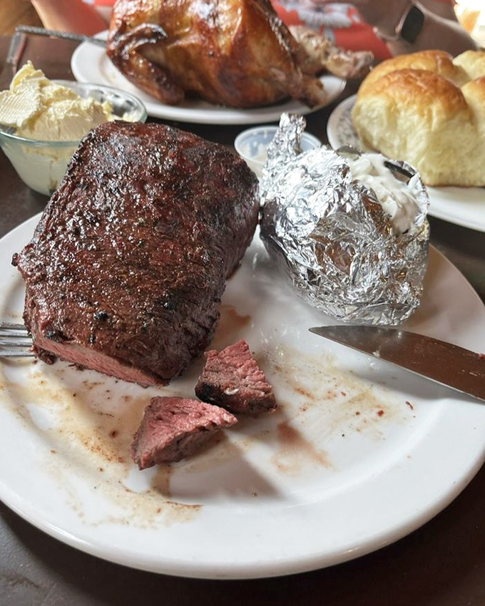 This isn't just dinner&mdash;it's a carnivorous challenge. That steak could feed a family of four or one very determined cowpoke.