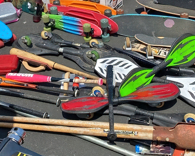 A jumble of skateboards, fishing rods, and sporting equipment awaits the weekend warrior. One man's abandoned hobby becomes another's new passion.