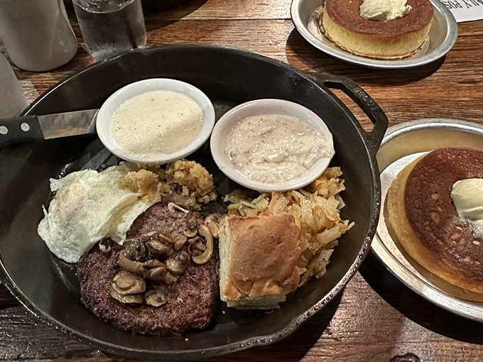 The skillet breakfast&mdash;a cast-iron masterpiece where eggs, steak, and potatoes unite in harmony. Frontier food that fuels modern adventures.