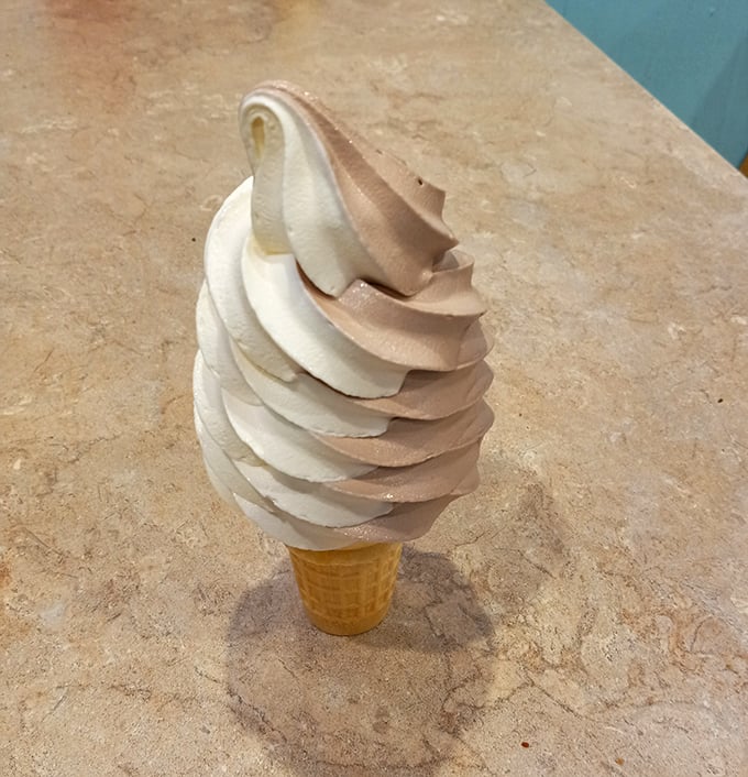 Soft-serve perfection spiraled into a crisp cone &ndash; the kind of simple pleasure that makes you forget about fancy desserts altogether.