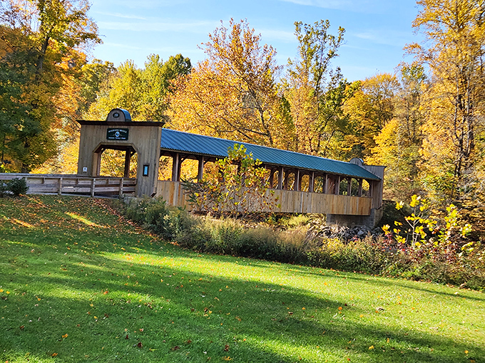 This covered bridge isn't just crossing water&mdash;it's spanning generations, connecting modern visitors to craftsmanship that predates their smartphones.