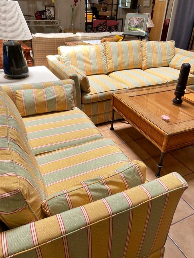 A pastel striped sofa set that's more comfortable than it has any right to be. It's the kind of furniture that remembers the '90s fondly.