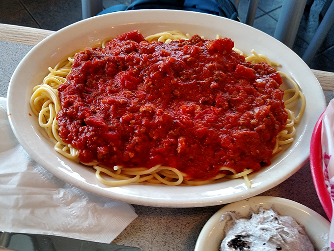 Spaghetti with meat sauce so generous it makes you wonder if portion control is even in Tony's vocabulary.