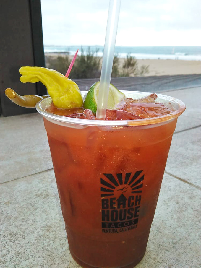 The kind of Bloody Mary that counts as both a beverage and an appetizer. That prawn garnish is basically a seafood lollipop.