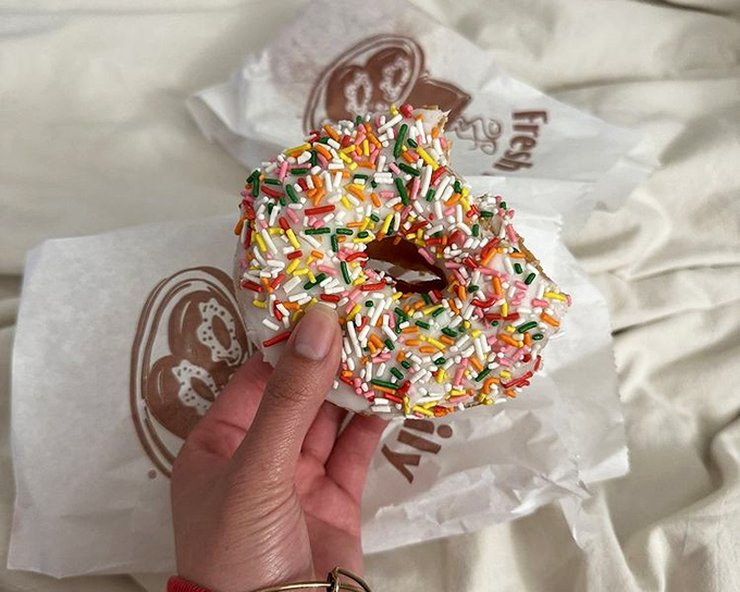 A sprinkle donut held aloft like an Olympic torch of happiness&mdash;proof that sometimes joy comes in small, rainbow-covered packages.