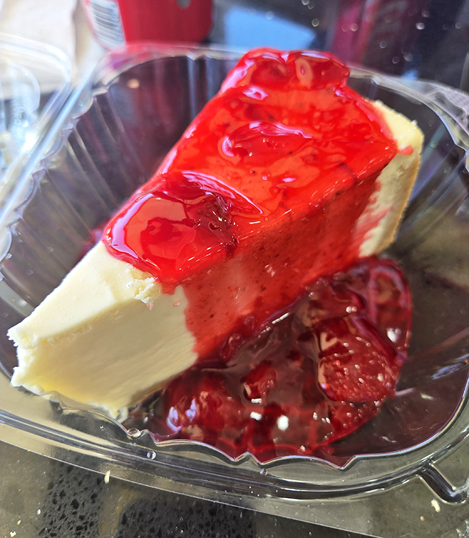 Strawberry cheesecake that makes you forget you came here for the chicken.