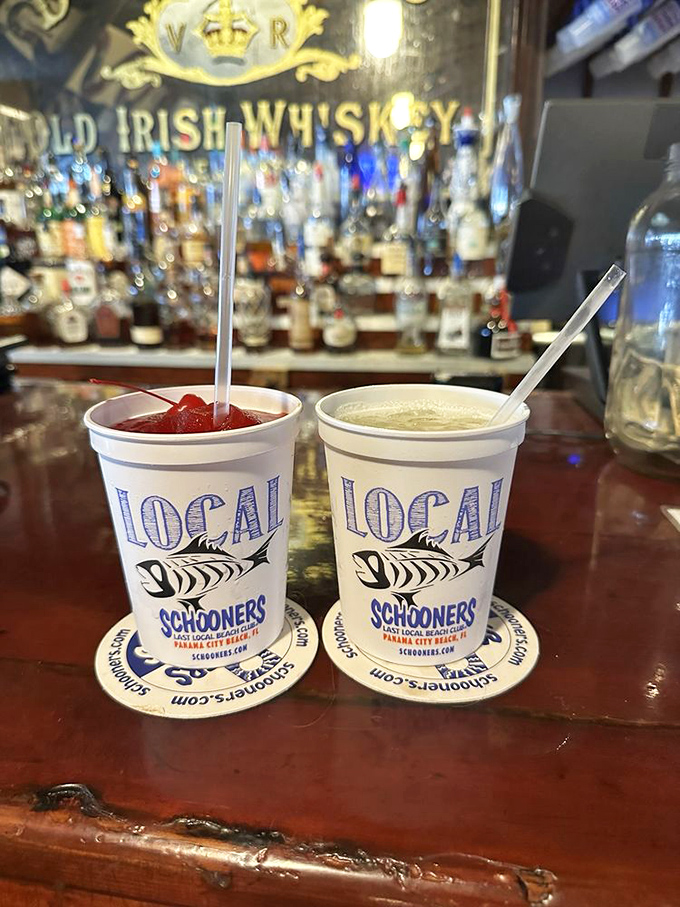 Beach life distilled into glassware: frozen concoctions that help you hang on, served in cups proudly declaring their "LOCAL" status, just like the regulars. 
