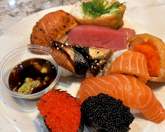 Premium sushi that would make coastal cities jealous. The fish glistens with freshness, the tobiko pops with briny delight.