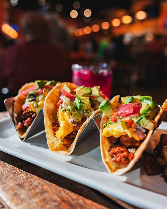 Breakfast tacos that blur the line between morning and afternoon meals. That avocado isn't just garnish&mdash;it's essential happiness.