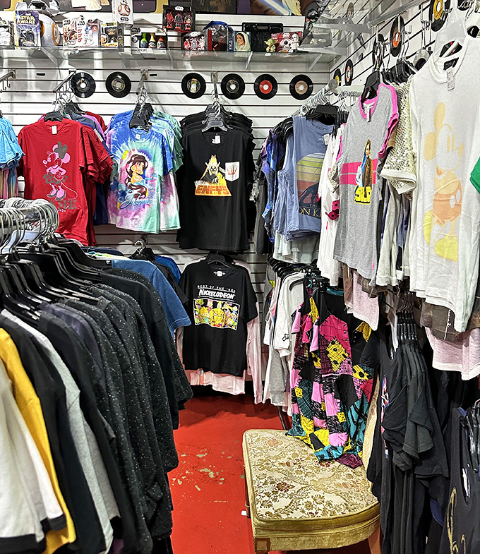 Vintage and contemporary tees hang like colorful flags, each representing different fandoms, eras, and someone's former favorite shirt.