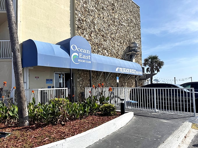 Ocean East Resort Club welcomes visitors with that distinctly Florida combination of palm trees, white railings, and the unspoken promise of poolside relaxation.