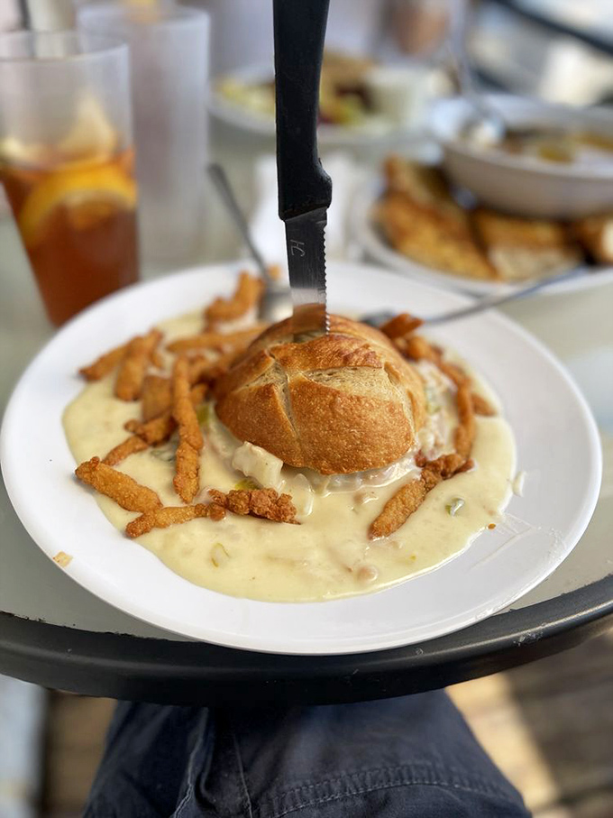 The holy grail of chowder experiences! A sourdough bread bowl swimming with creamy clam goodness&mdash;where the vessel is as delicious as its contents.