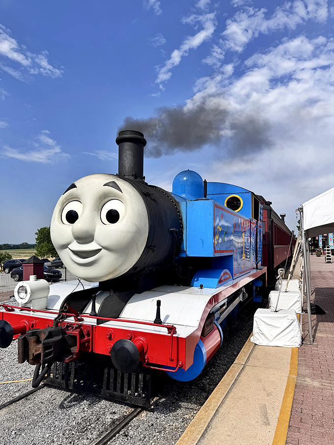 Thomas the Tank Engine, with that familiar smile, proving that some childhood friends never leave us, they just get bigger in real life.