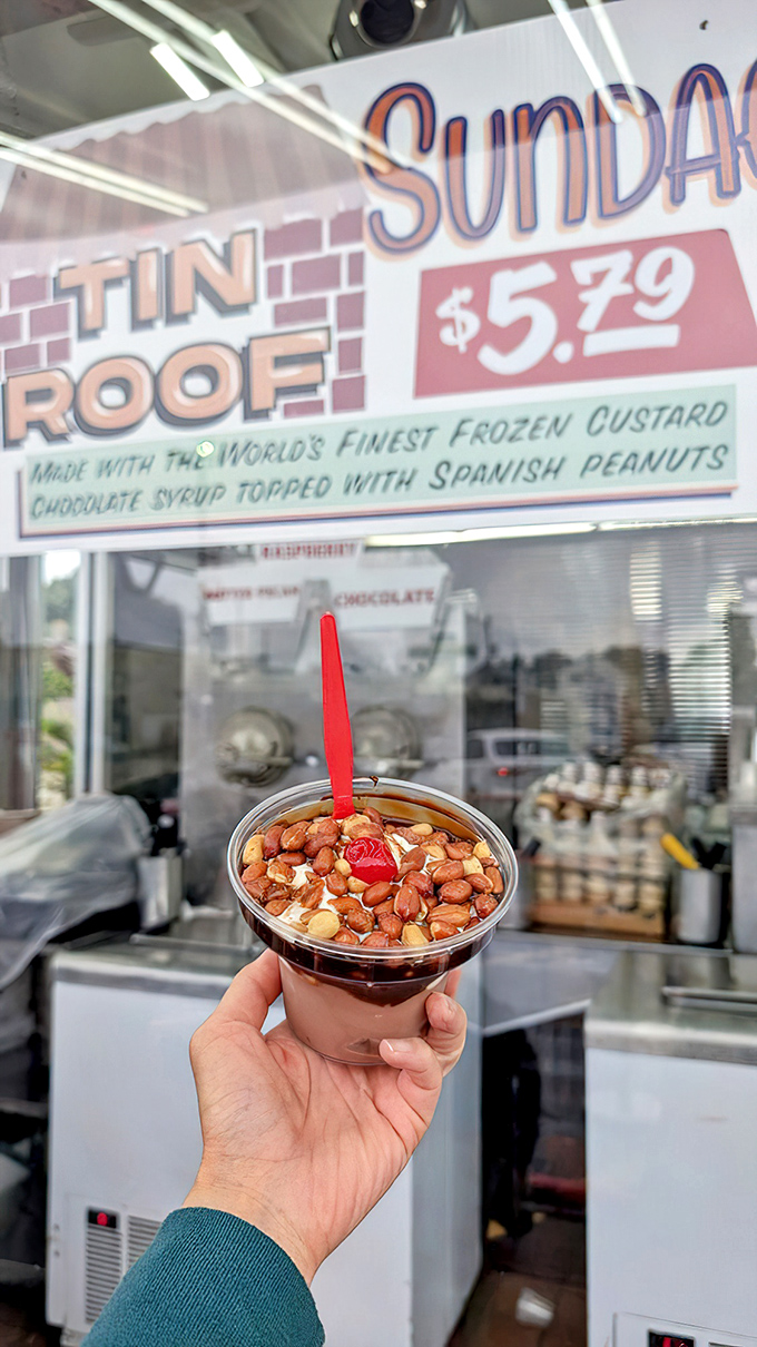Tin roof sundae perfection - Spanish peanuts crown chocolate custard like edible confetti celebration.