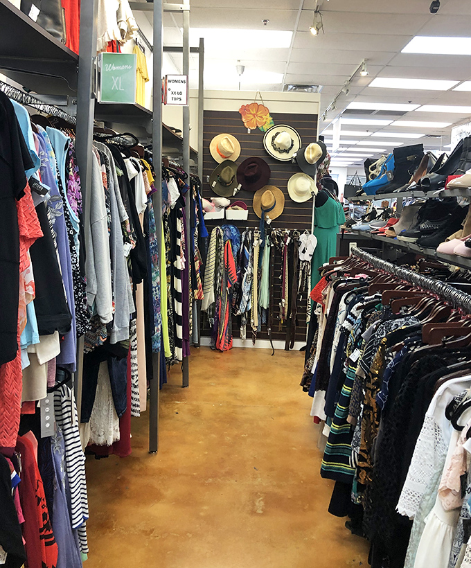 Navigate through this fashion forest where colorful tops hang like tropical foliage and hats perch like exotic birds waiting to find new homes.