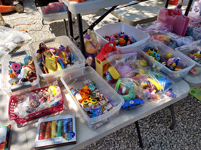 Childhood memories organized in plastic bins. One person's outgrown toys become another family's new adventures, proving nostalgia is always in season.