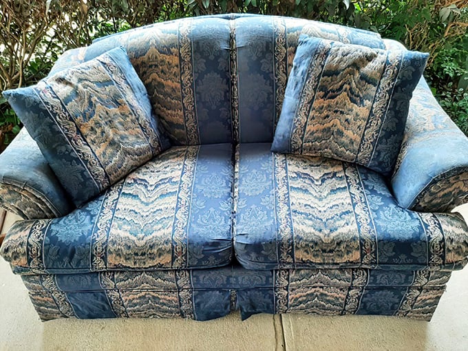 This blue patterned loveseat isn't just furniture&mdash;it's a time capsule of '90s design that's somehow circled back to being perfectly on-trend again.