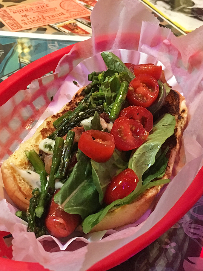 Fresh veggies transform this hot dog into a garden party in your mouth. Who knew eating your greens could be this rebelliously delicious?