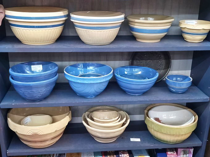 Mixing bowls that have witnessed countless family recipes. The blue ones practically whisper, "I've helped make better cookies than you've ever tasted.