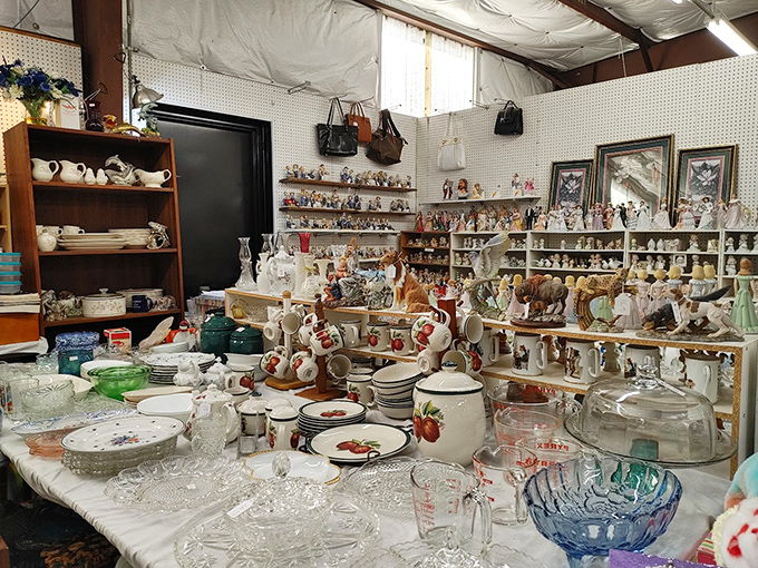 Grandma's china cabinet exploded into this booth of vintage treasures. Every teacup and figurine holds stories of Sunday dinners and holiday gatherings past.