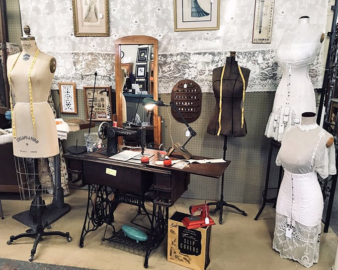 A seamstress's time capsule—complete with mannequins that have maintained perfect posture through decades of fashion evolution.