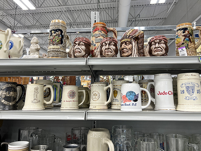 Vintage steins and mugs stand at attention like soldiers from different eras. That Native American mug collection is... definitely from another time.
