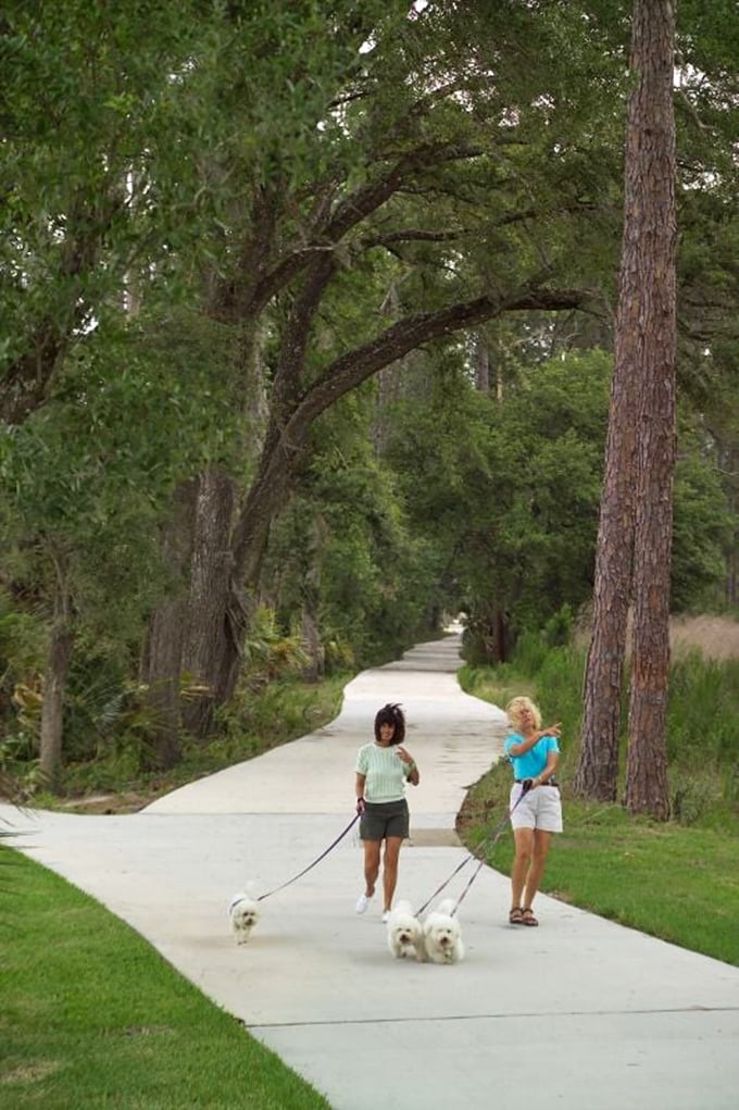 Two locals stroll the tree-lined walking path with their four-legged companions&mdash;proof that la dolce vita includes daily dog walks.