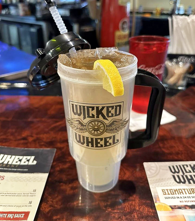 When your drink comes in a mug this size, you know you're not going anywhere soon. The Wicked Long Island: vacation in a glass.