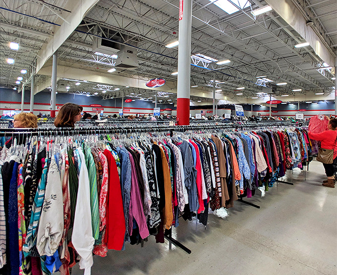 The women's section rivals department stores in selection but beats them handily in price. Color-coded organization makes finding your size surprisingly painless.