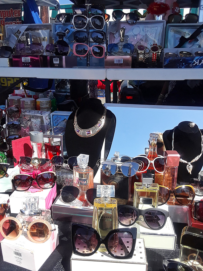 Sunglasses and statement necklaces compete for attention in this accessories wonderland. Hollywood glamour at swap meet prices!