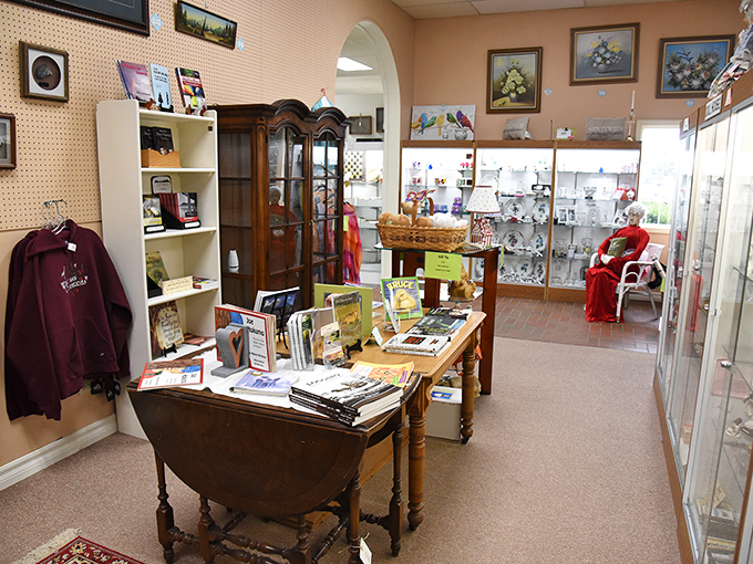 Books, furniture, and collectibles arranged like a cozy living room from another era. You half expect to find Grandma's cookies cooling nearby.