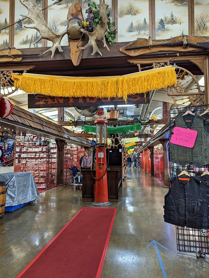 Antlers, vintage gas pumps, and Americana create a hunter's lodge aesthetic that somehow makes perfect sense in this retail wilderness.