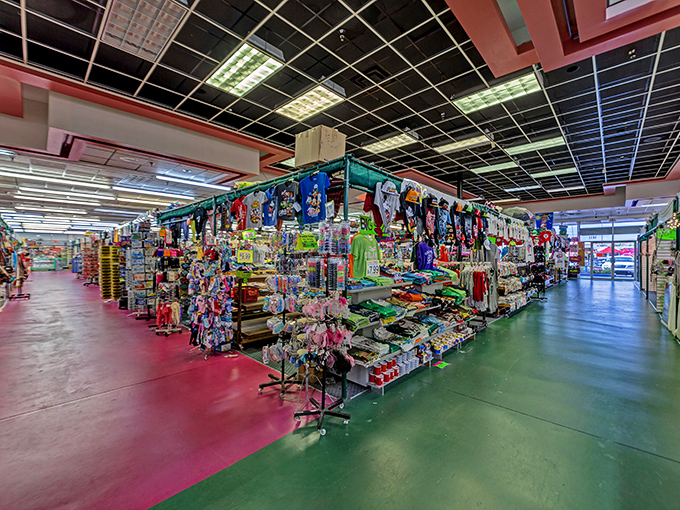 Floors painted in carnival colors guide you through this retail labyrinth, where each turn reveals new temptations for your shopping cart.