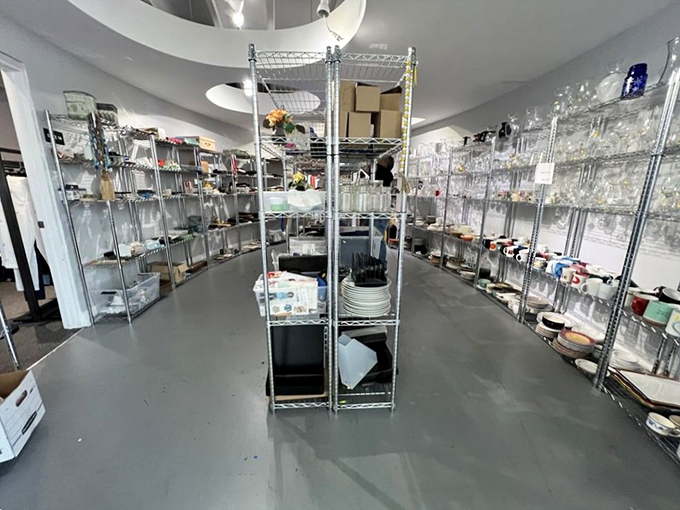 Glassware galore in this pristine section. Your grandmother's missing crystal might be here, alongside someone else's abandoned wedding registry.