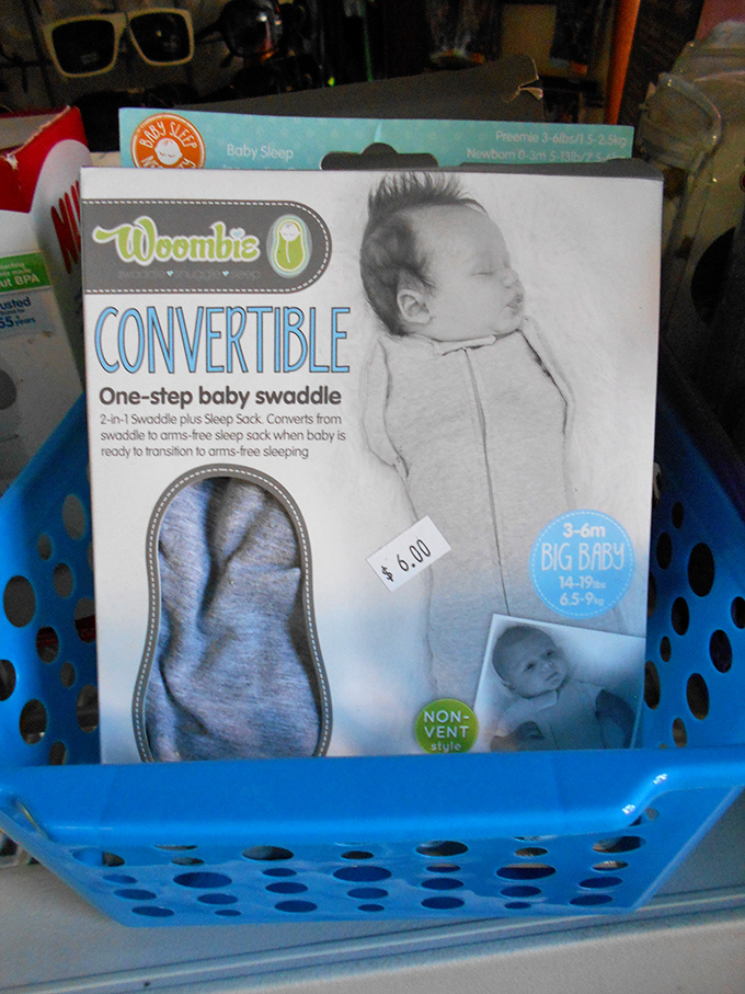 Even baby items find new life here—this $6 Woombie swaddle waiting to comfort another generation of little dreamers.