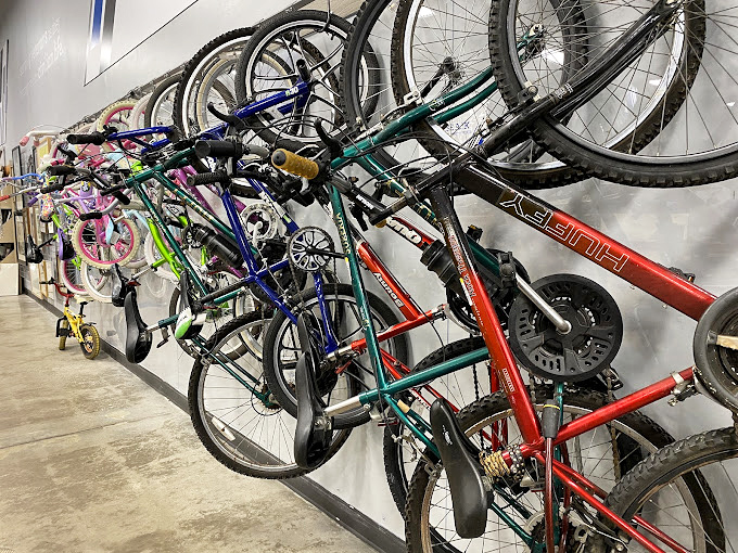 Bicycle bonanza! From kid's first rides to weekend warriors' wheels, this wall of transportation treasures keeps Orlando rolling on a budget.