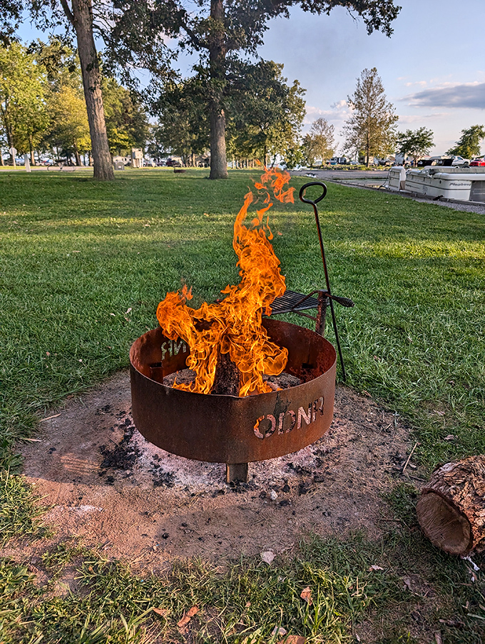 Fire dancing in an Ohio night&mdash;proof that you don't need fancy entertainment when you've got marshmallows, sticks, and stories to share.