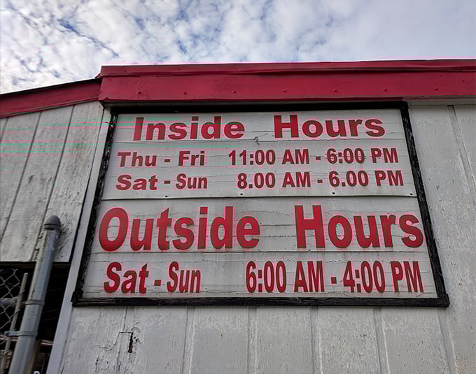 The hours sign reads like a secret code for bargain hunters&mdash;early birds get first pick, but afternoon shoppers score the desperate deals.