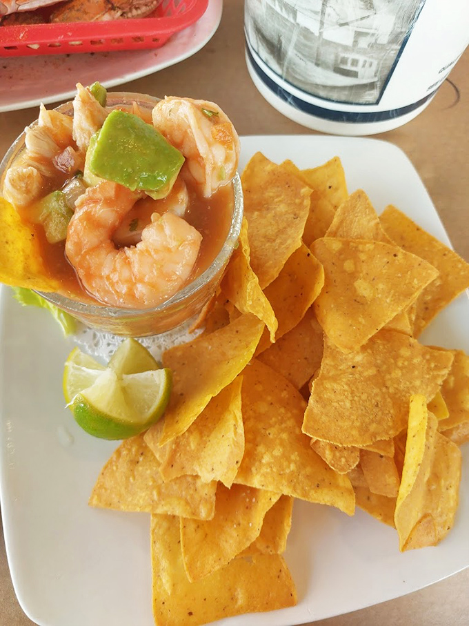 Shrimp cocktail that's ready to party! Fresh, plump shrimp nestled in zesty sauce with tortilla chips standing by for dipping duty.
