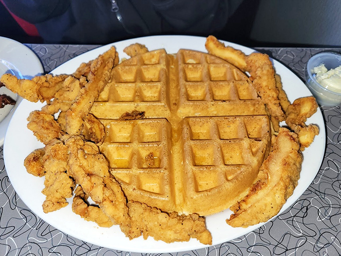 The chicken and waffle combo that answers the eternal question: "Why choose between breakfast and lunch when you can have both?"