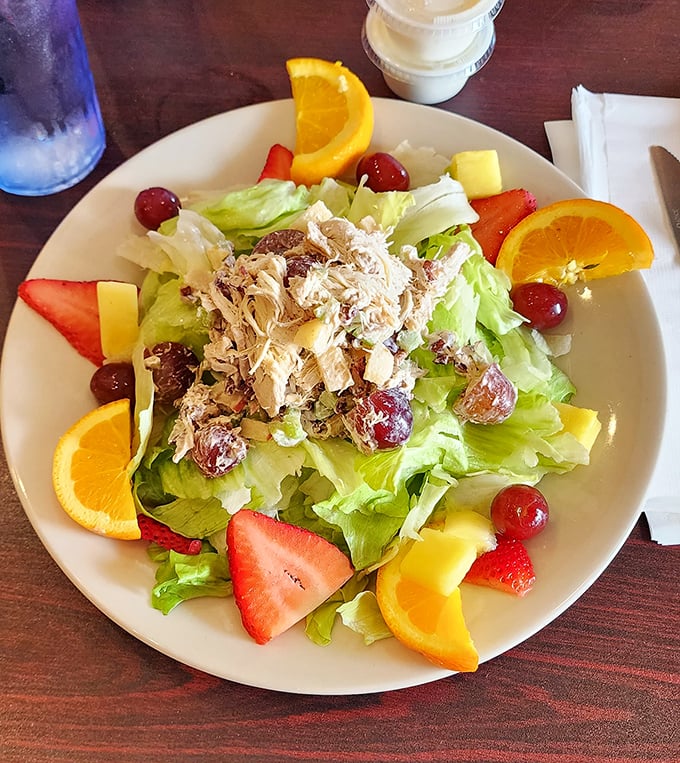 A chicken salad that actually makes you want to eat healthy &ndash; fresh greens, seasonal fruit, and protein that doesn't feel like punishment.