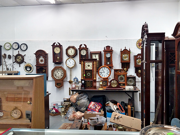 Time literally stands still in the clock section. Grandfather, cuckoo, and mantel varieties all waiting to mark someone else's hours in style.