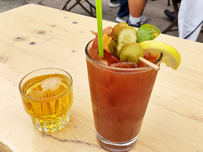 A Bloody Mary that doubles as a meal, garnished with enough pickled vegetables to count as your daily serving of produce.