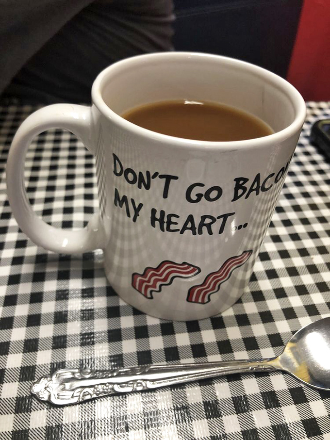 "Don't Go Bacon My Heart" &ndash; this coffee mug speaks the universal language of breakfast lovers everywhere. Pair with unlimited refills for maximum enjoyment.